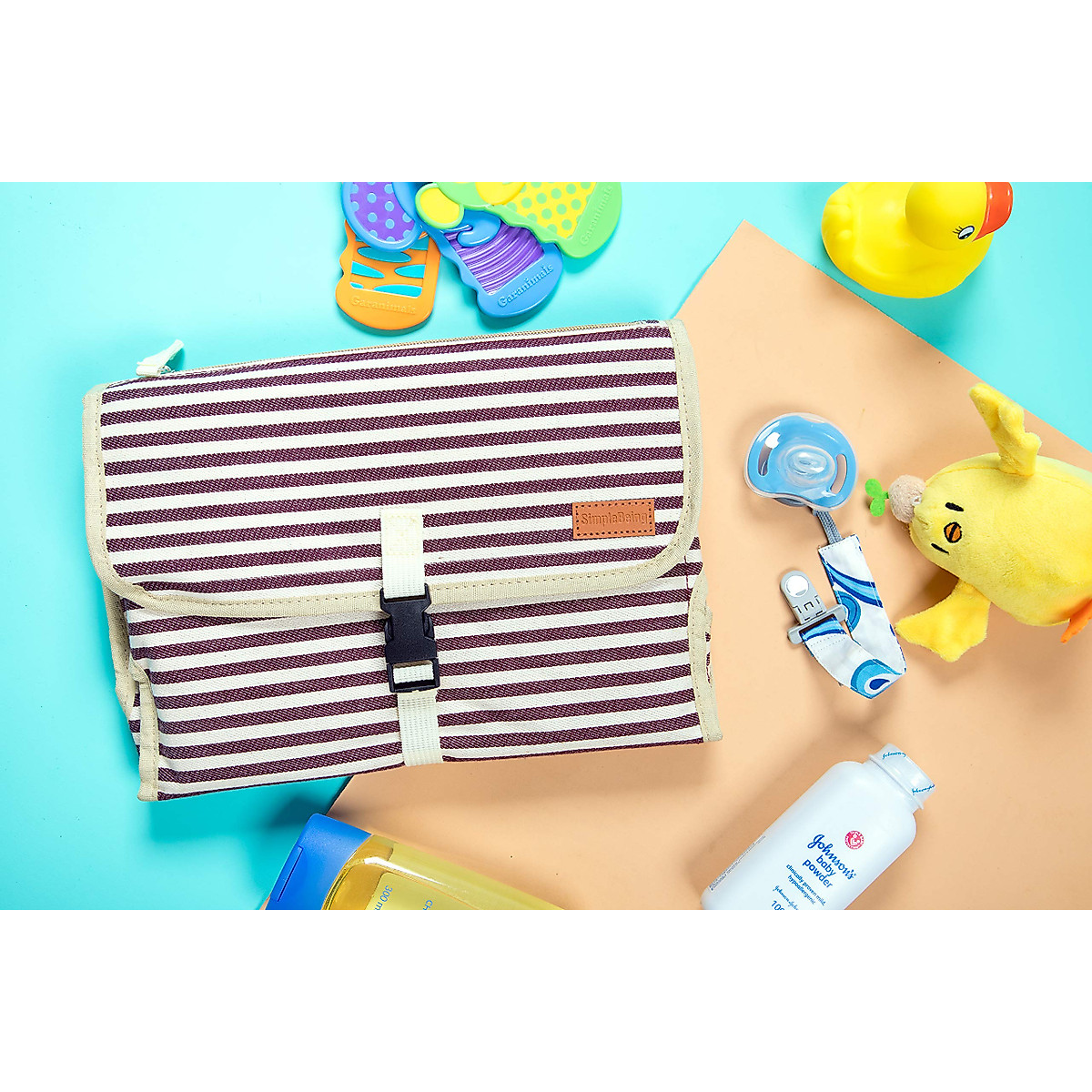 Simple Being Portable Changing Pad, Travel Diaper Canvas Clutch Mat, Diaper Bag Essential with Storage Pockets for Wipes and a Supportive Foam Head Pillow Padding (Red Stripe)