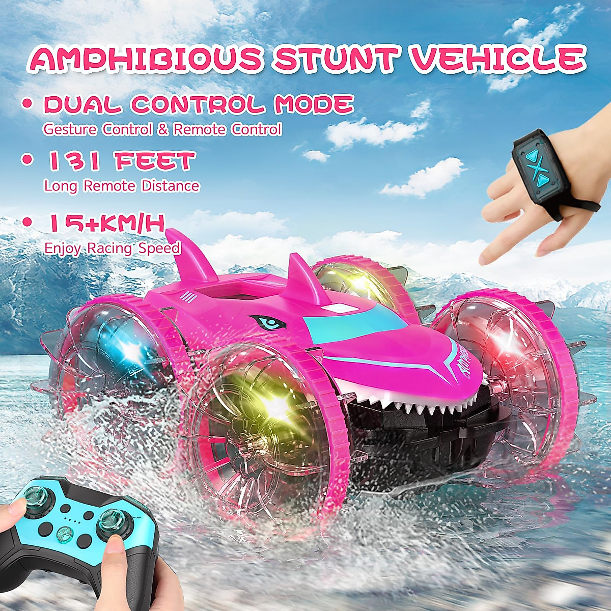 Axirata Amphibious RC Car with Lights for Kids 6-12 Year Old Girls Toy Gesture Hand Remote Control Boat 4WD 2.4GHz Waterproof RC Stunt Car 360° Rotating Water Beach Pool Toys Gift for Girls Kids