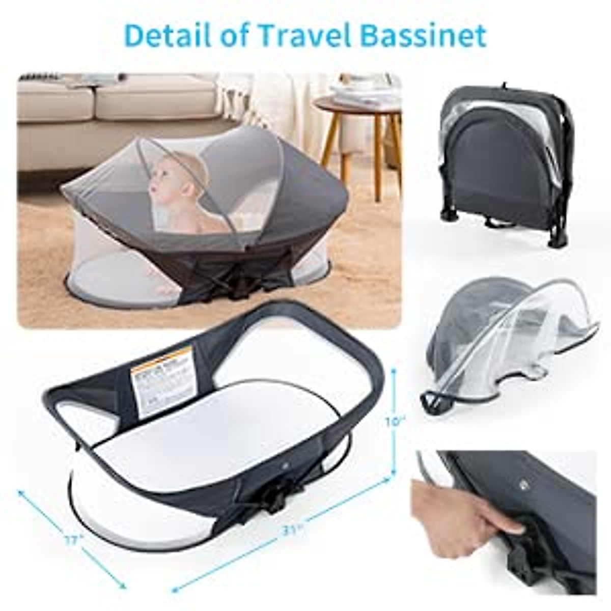 Sporary Travel Bassinet Portable Bassinet，Portable Travel Crib Infant Travel Bed with Mosquito Net and Canopy，Lightweight and Foldable