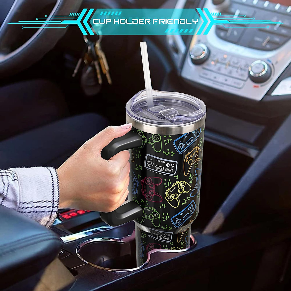 puhnhsv 40 oz Gaming Tumbler With Handle and Straw, 30oz Insulated Stainless Gaming Tumbler Coffee Travel Mugs Cup Water Bottle Game Lovers Gifts for Men Boys