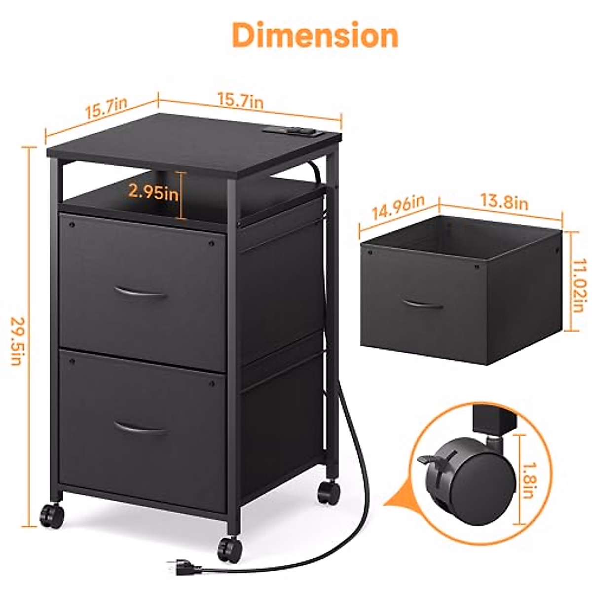 Uliyati File Cabinet, Fabric Filing Cabinet with Socket & USB Charging Port, Vertical Rolling Printer Stand with 2 Drawers, Mobile Filing Cabinet with Open Shelf, A4 or Letter Size, for Home Office