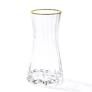 Moreast Glass Flower Vase for Home Office Decor, Crystal Clear Vase with Gold Rim and Ribbed Texture for Flower Arrangement, Spring Garden Vase 9" Tall
