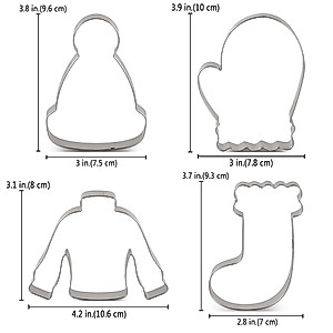 LILIAO Winter Holiday Christmas Cookie Cutter Set - 4 Piece - Ugly Sweater, Stocking, Hat and Mitten Fondant Biscuit Cutters - Stainless Steel