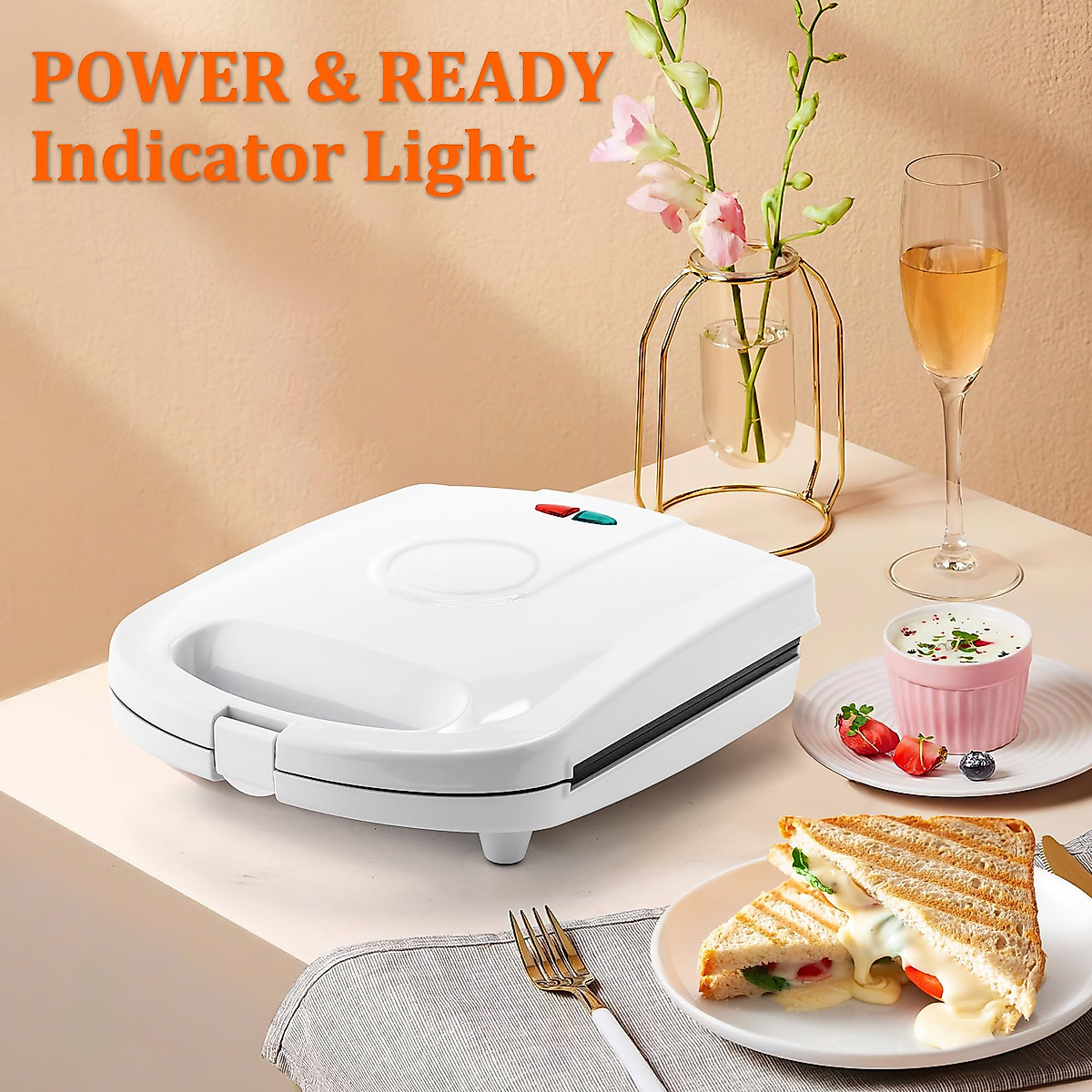 Pukomc Breakfast Sandwich Maker, 4-Slice Sandwich Press with Non-Stick Plates,Grilled Cheese Maker, Indicator Lights, Cool Touch Handle, Easy to Clean and Store