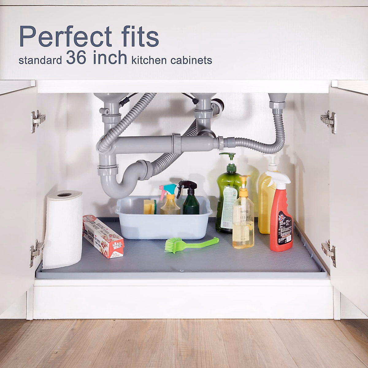 AECHY Under Sink Mat, 34" x 22" Silicone Under Sink Liner, Under Kitchen Sink Mat with Unique Drain Hole Design, Waterproof & Flexible Sink Mats for Kitchen, Bathroom and Laundry Room Gray