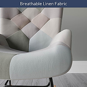 BELLEZE Colorful Patchwork Rocking Chair, Widen Nursery Rocking Chairs Comfy Linen Upholstered Glider Rocker with Solid Wood Legs for Living Room Bedroom Nursery - Paramount (Patchwork A)