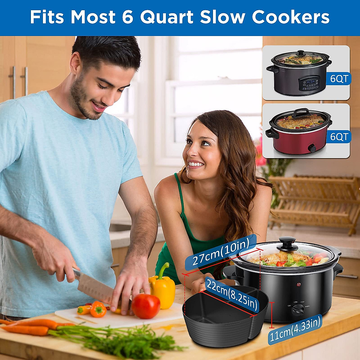 2023 Upgrade Silicone Crock Pot Liner Fit for Crockpot 6 QT Oval, BPA Free Reusable Slow Cooker Divider Insert Separator Bags Triple Pockets, Dishwasher Safe (3 Dividers)