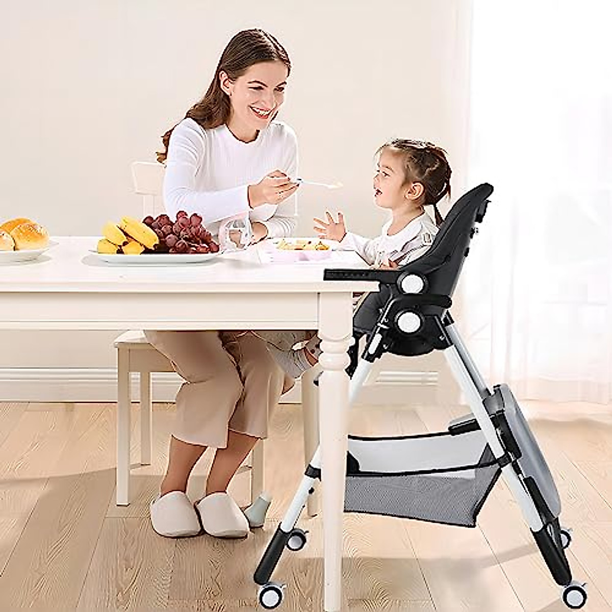 Kinder King High Chair for Babies & Toddlers, Simple Fold Highchair w/Large Storage Basket, Adjustable Height, Recline & Footrest, Detachable Double Trays, 4 Lockable Wheels, Easy to Clean, Black