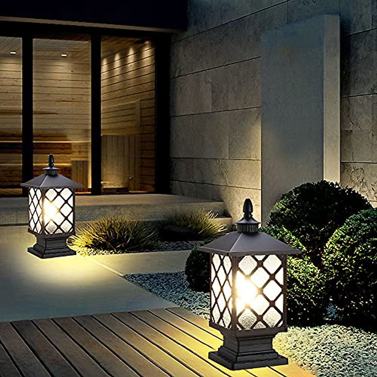 Post Lights Outdoor Waterproof Castlight Casting Aluminum Glass Post Cap Lights Modern Simple Villa Wall Gate Pillar Lamp LED Night Safety (Bronze B) (Dark A)