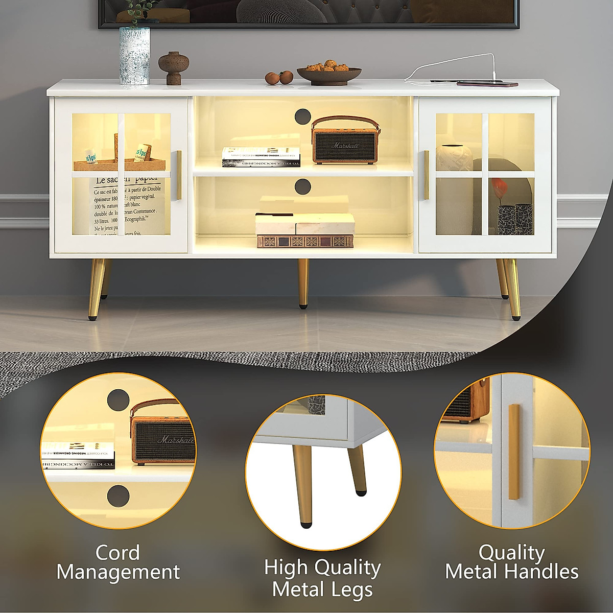 LVSOMT Modern TV Stand with Storage, Entertainment Center Cabinet for Living Room, Media Console with 24 Color Lights (Pearl White - RGB)