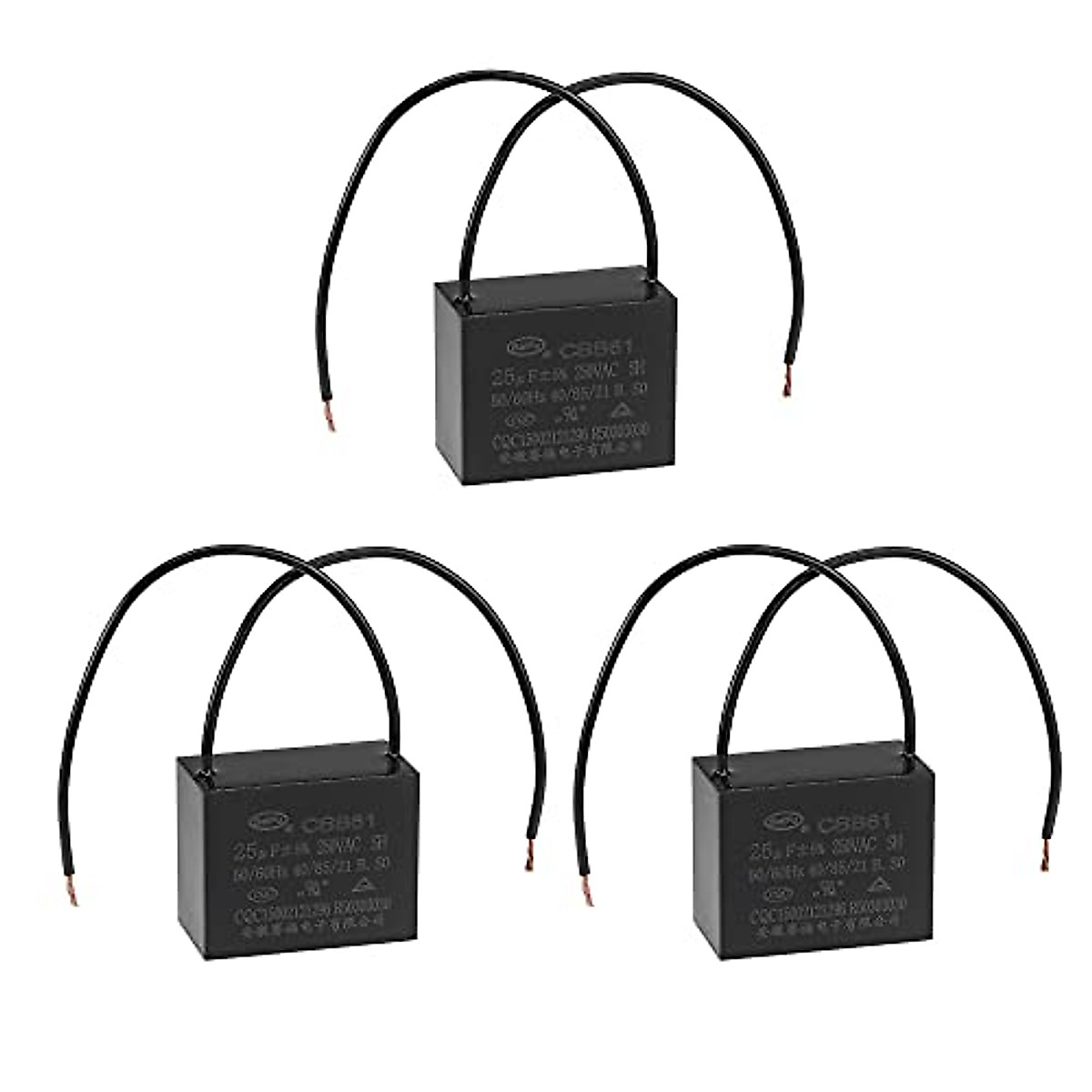 uxcell Ceiling Fan Capacitor CBB61 25uF 250V AC 2 Wires Metallized Polypropylene Film Capacitor 48x38x26mm for Electric Fan Pump Motor Generator 3Pcs