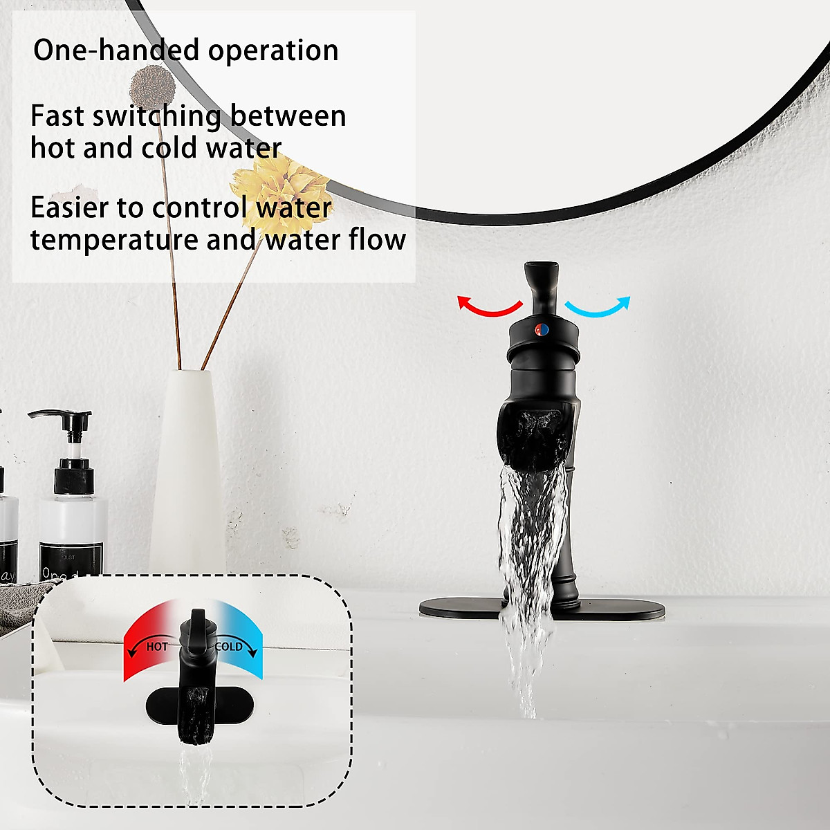 Waterfall Bathroom Faucet GGStudy Black Single Handle One Hole Farmhouse Matte Black Bathroom Vanity Faucet Basin Mixter Tap Deck Mount with Drain Assembly