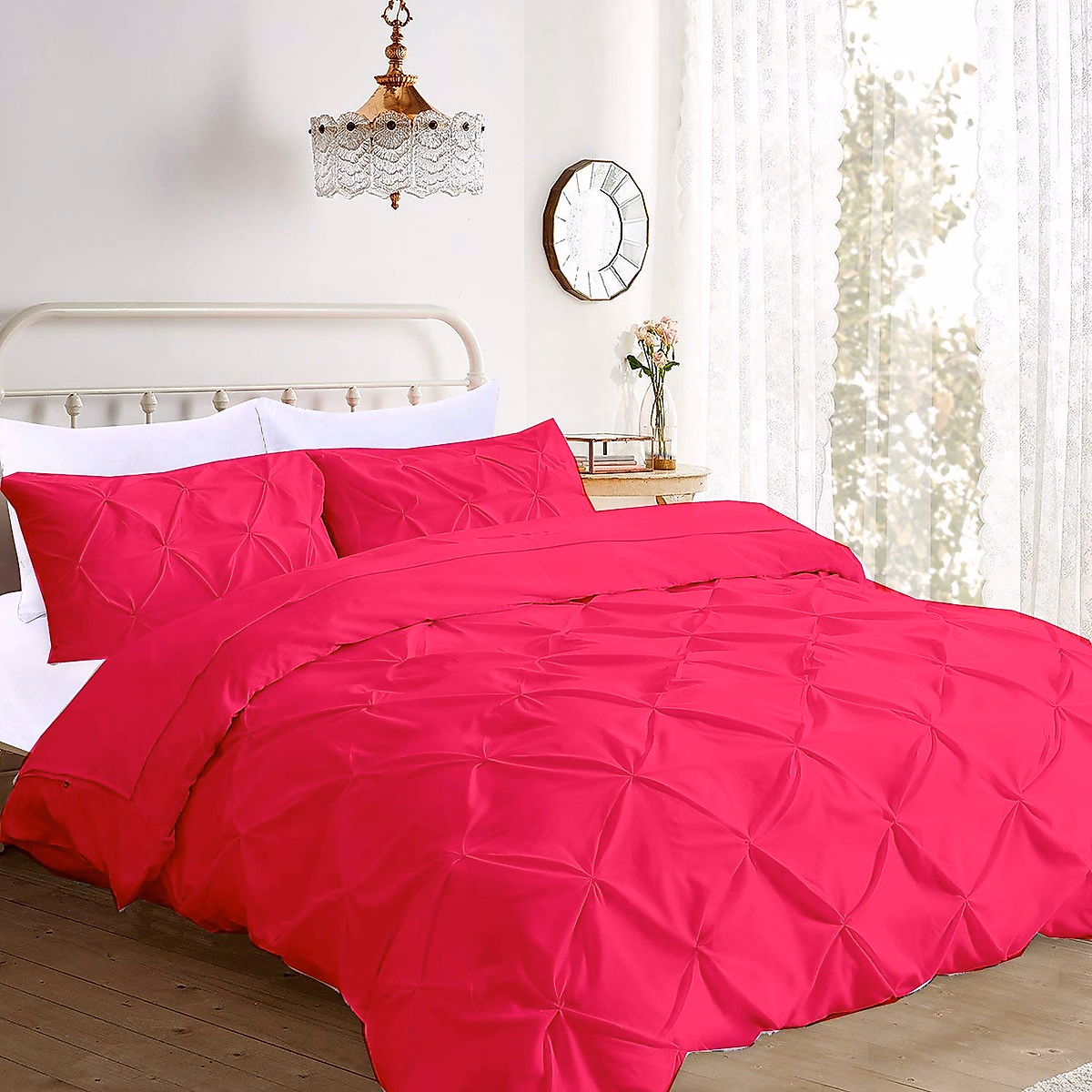 Hot Pink Pintuck Pinch Pleat Pattern Full/Queen Size 100% Cotton 800 TC Duvet Cover Sets Pinch Pleated 3pc Duvet Cover Set Zipper & Corner Ties Rectangle Pattern Decorative Pintuck Pillow Shams