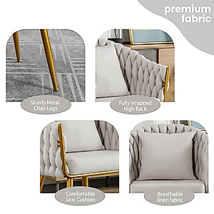 BOSMILLER Woven Dining Chairs, Modern Dining Room Chairs with Gold Metal Non-slip Legs, Curved High Backrest Round Upholstered Dining Chair with Headrest, for Living Room, Dining Room (Beige)