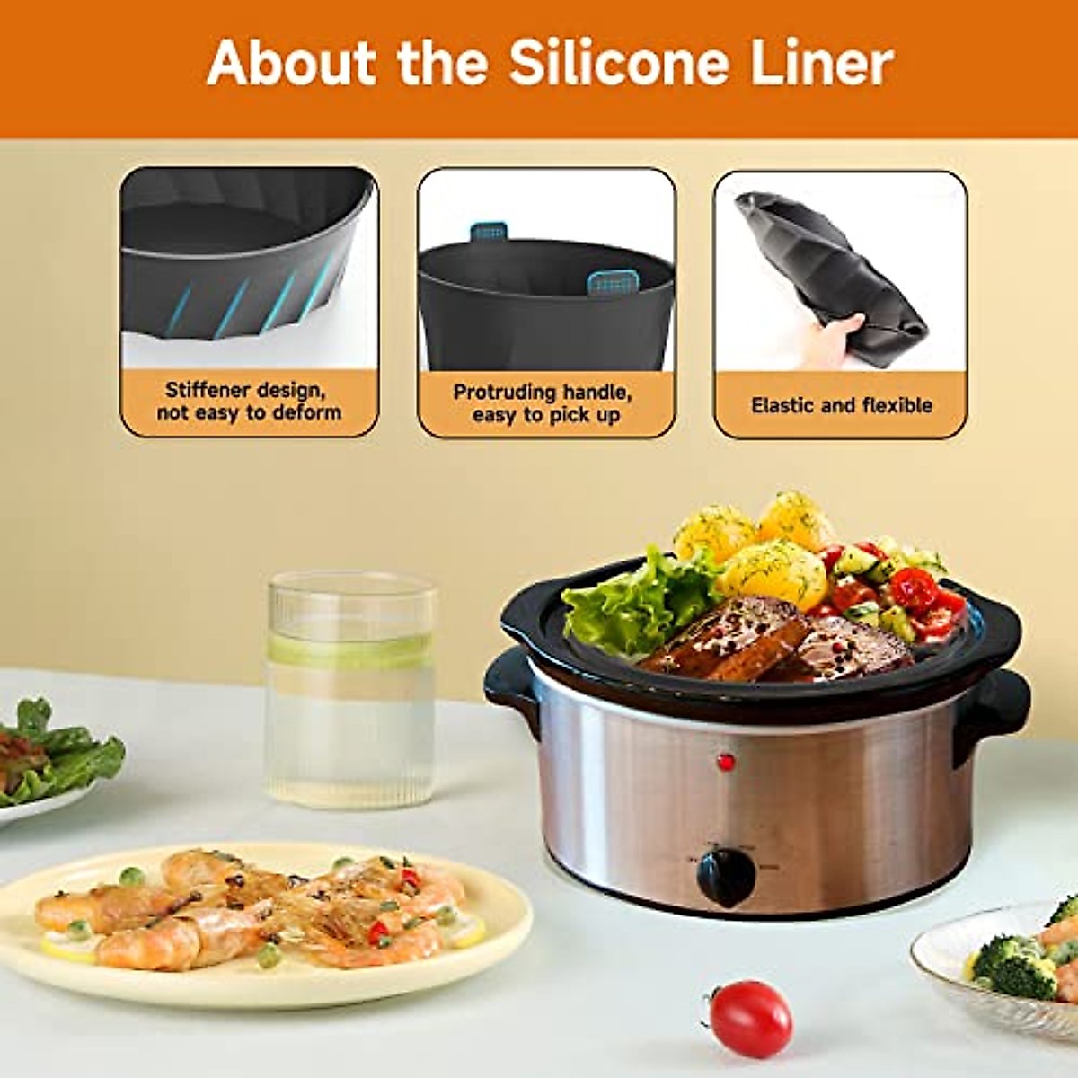 KOCWELL Slow Cooker Liners Compatible for Crock Pot 7-8 QT Oval, Easyjoy for Crock Pot Liners For 7 Quart Oval Slow Cookers, Reusable Silicone Slow Cooker Liner For Crock Pot Insert, Dishwasher Safe BPA Free