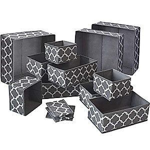 Dresser Drawer Organizers - Underwear Organizer Drawer Divider, Foldable Closet Dresser Storage Box Baskets Bins Containers for Bras Socks Lingerie Baby Clothing, Set of 12 (Grey Lantern Printing)