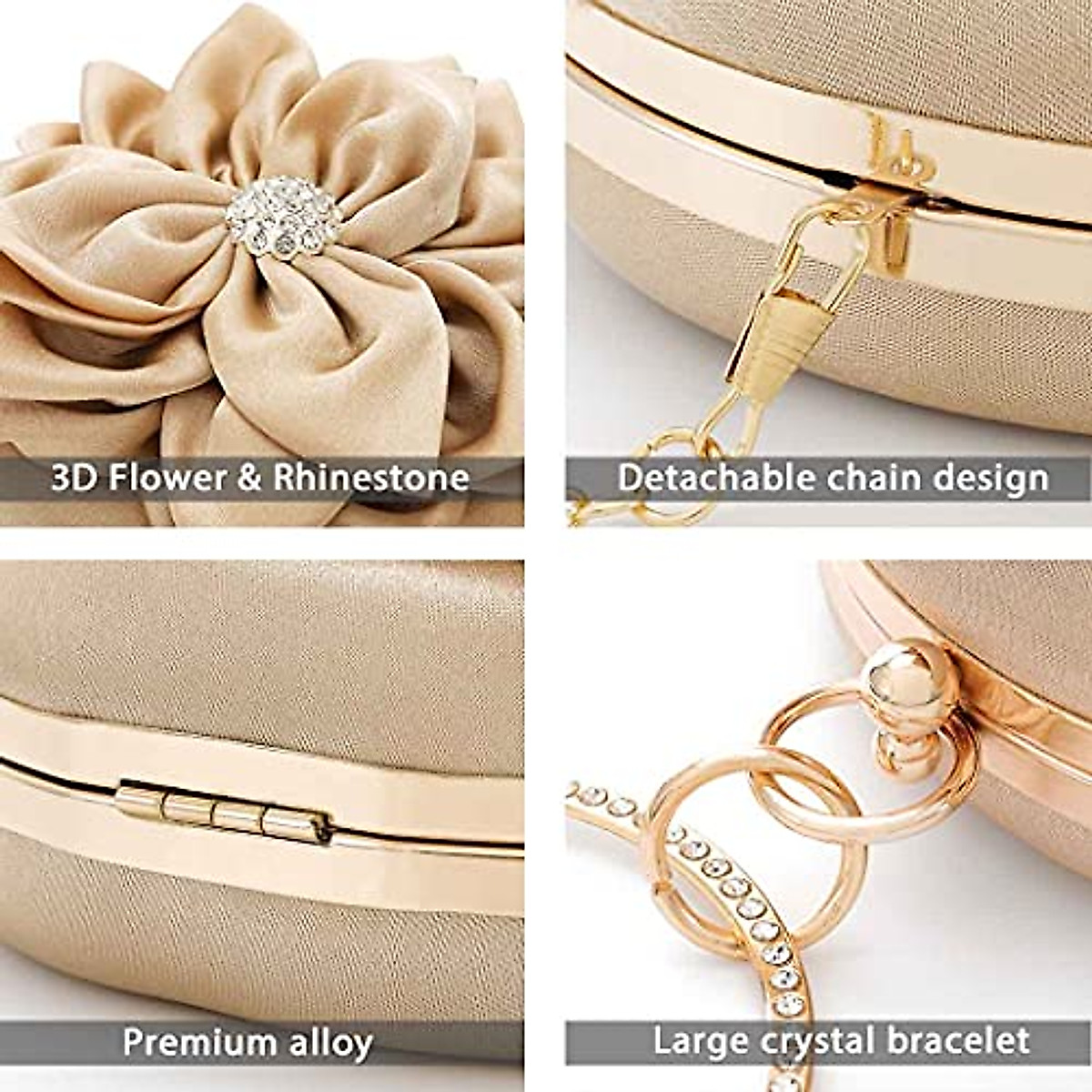 Yokawe Women Evening Bag Satin Flower Clutch Purse Wedding Party Prom Handbag (Champagne)
