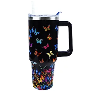 PERRIFIC Butterfly Tumbler 40 oz Tumbler with Handle and Straw Lid Leak Proof - Butterfly Coffee Travel Mug with Handle Insulated for Hot and Cold Drink Ice - Mothers Day Birthday Gifts for Women Cup