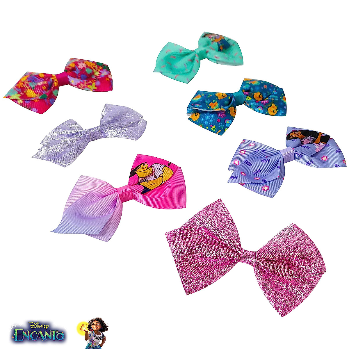 Disney Encanto Bow Bundle 7 Pcs 4 Inch Bundle - Hair Bows for Girls - Different Encanto Image on Each Clip - Alligator Clip - Ages 3+ Hair Accessories Bows for Girls
