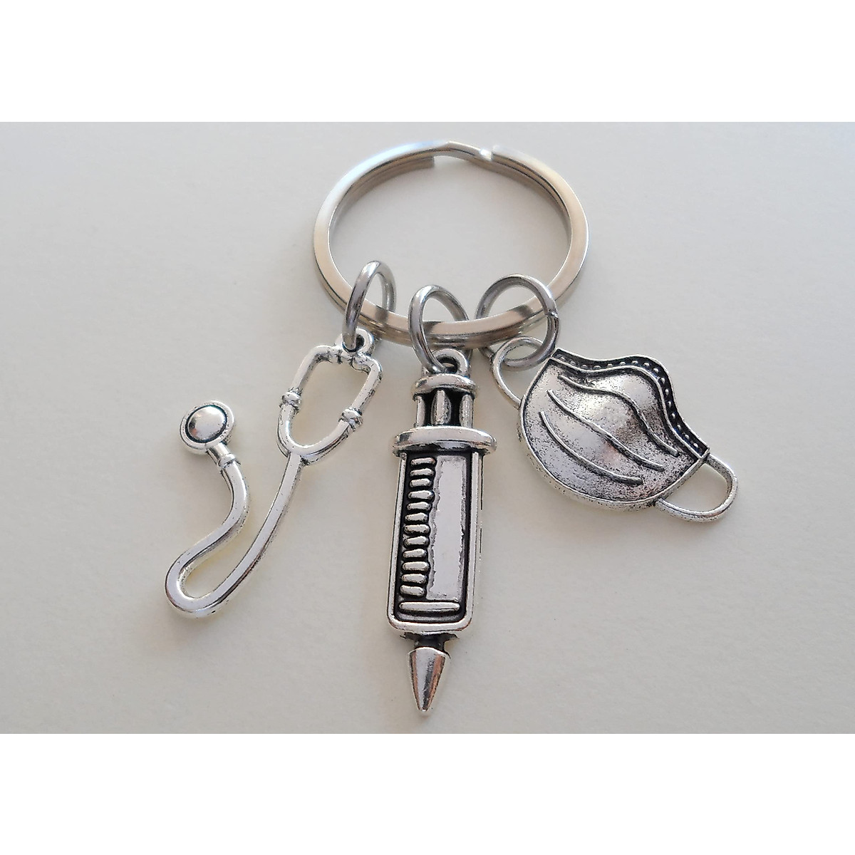 JewelryEveryday Small Stethoscope, Syringe, & Face Mask Charm Keychain, Medical Professional Charm Keychain, Nurse Appreciation Keychain