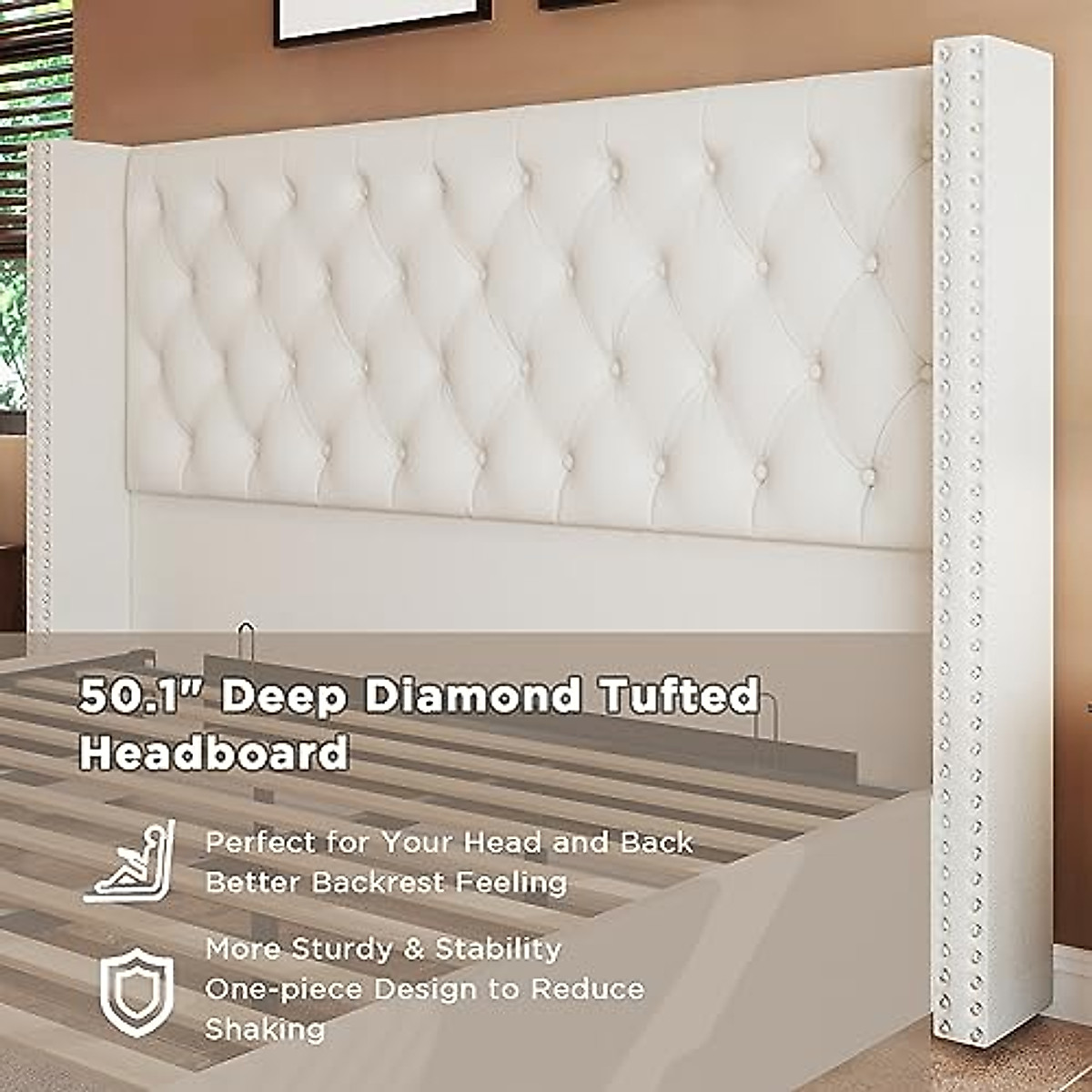 PaPaJet Lift Up Storage Bed King Size Upholstered Platform Bed Frame Button Tufted Wingback Headboard Hydraulic Lifting Storage Underneath/Wood Slats Support/Easy Assembly/Cream