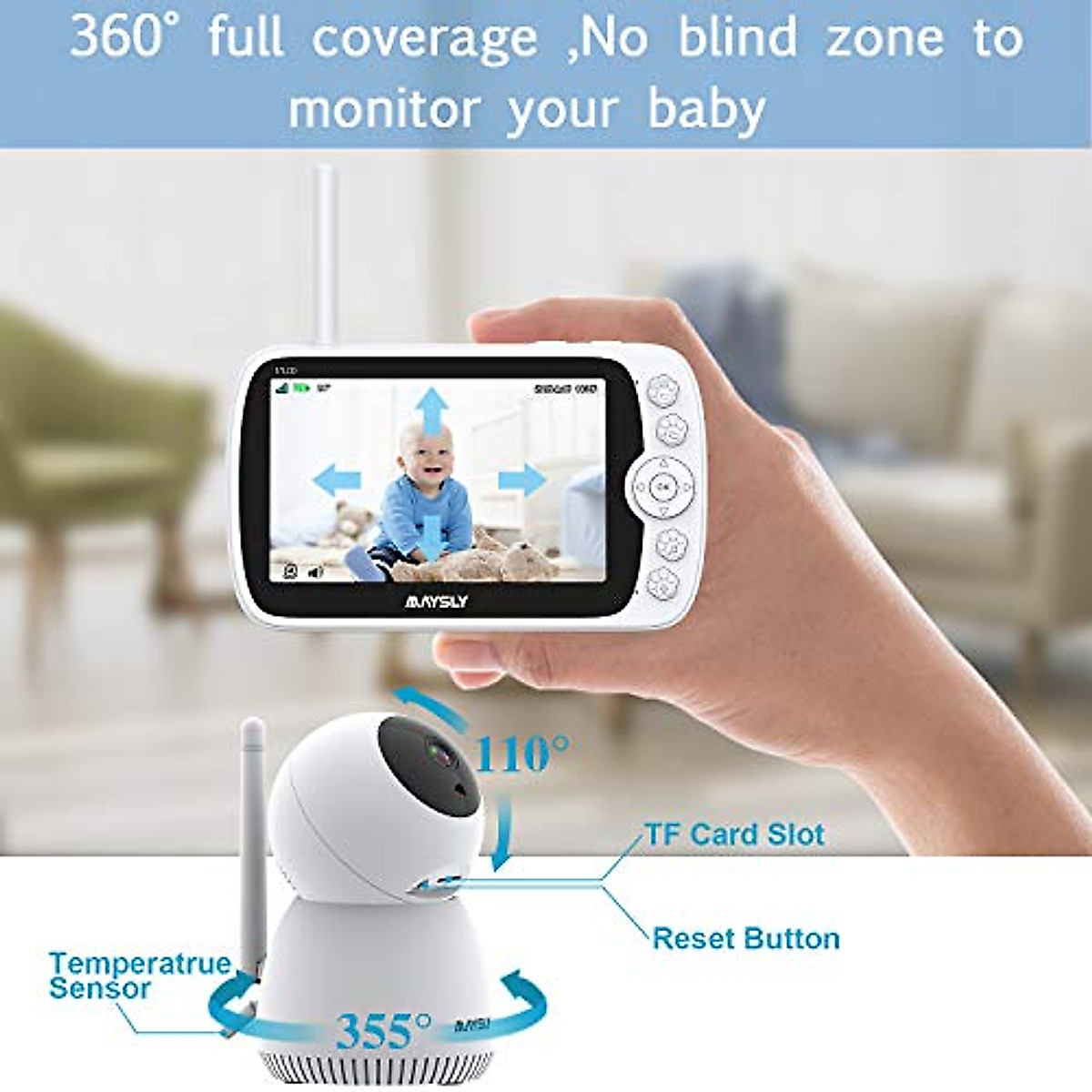 Maysly Video Baby Monitor with Camera and Audio,1080P 5" LCD Screen with Night Vision,Two Way Audio,Temperature Detection,1000ft Range Support Micro SD Card Storage