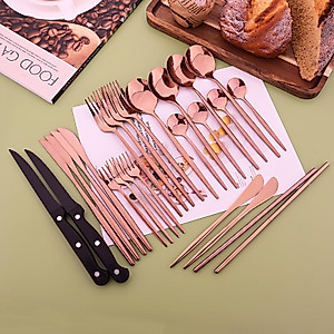 Uniturcky 62-Piece Rose Gold Flatware Set for 8 Stainless Steel Silverware Set with Steak Knives, Plus Reusable Metal Straws and Butter Knives, Party Tableware Cutlery Set, Mirror Polished