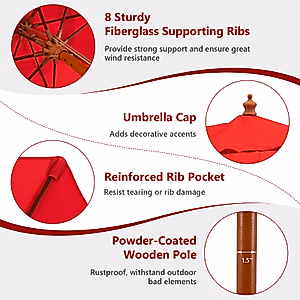 Tangkula 9.5 FT Red Wooden Pulley Umbrella with 8 Fiberglass Ribs, Rope Pulley Mechanism, and Vented Canopy for Patio, Deck, Poolside, Garden, Lawn, Terrace