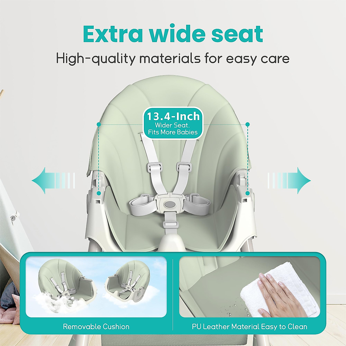 Baby Folding High Chair Convertible Compact with Removable 5-Point Harness for Baby Girl & Boy Ages 6-72 Months Adjustable & Removable Detachable Double Tray Easy to Clean with Wheels