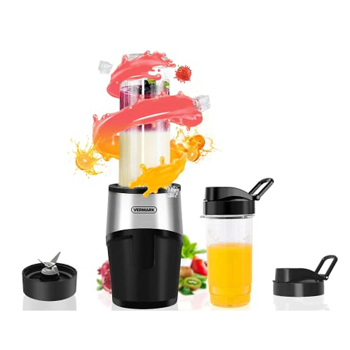 Vermark Personal Portable Bullet Blender, 500 Watt For Shakes and Smoothies, Shake Blender with No-Button Operation, 14 and 20oz Blender Cups with To-Go Lids, BPA Free, Easy To Clean,