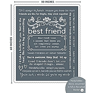 FILO ESTILO Funny Best Friend Blanket, Best Friend Mothers Day or Birthday Gifts for Women, Female, Bestie Blanket with Fun Quotes, Unique Friendship Presents, 60x50 Inches (Grey, Sherpa)
