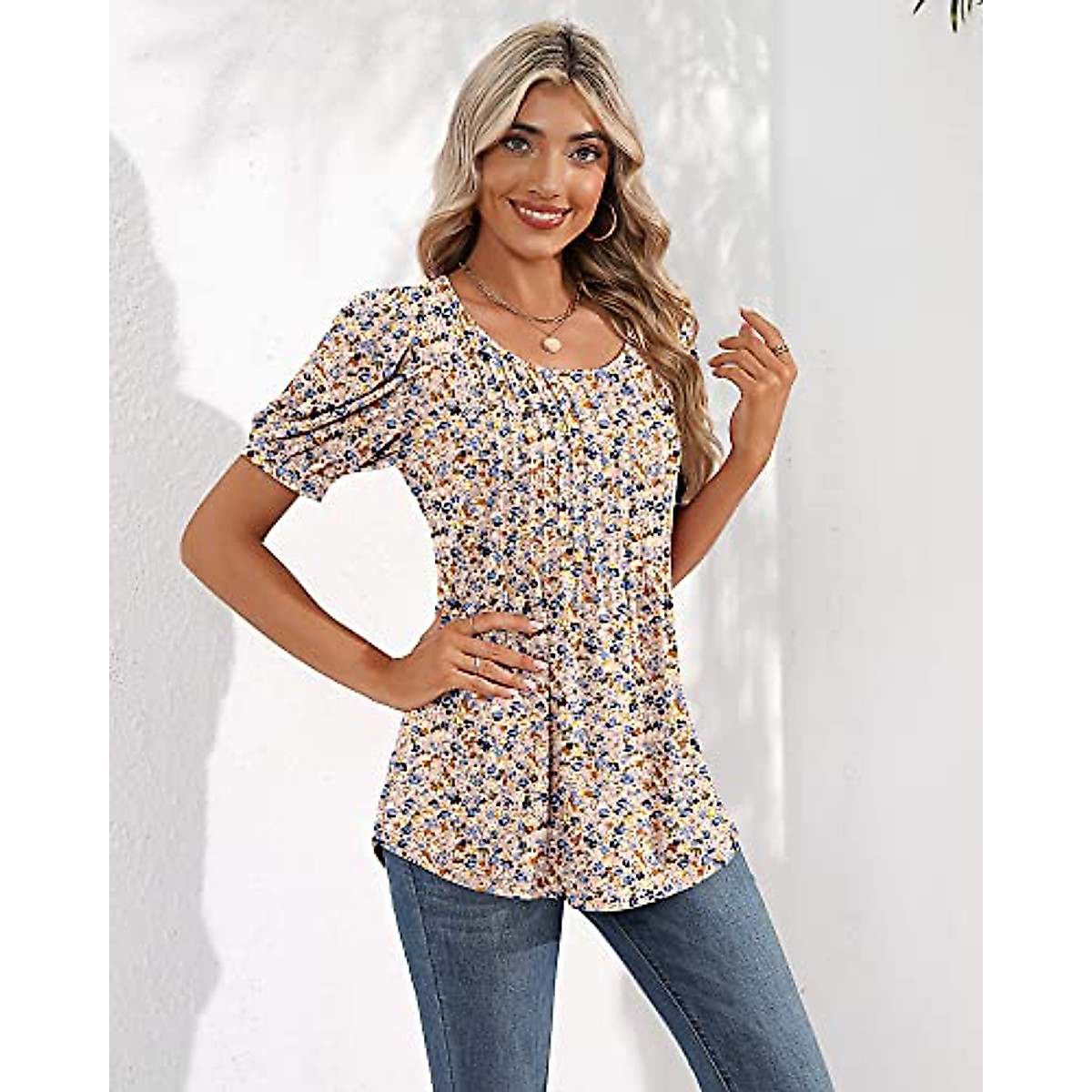 Ficerd Women's Puff Short Sleeve Tunic Tops Pleated Crew Neck Blouses Dressy Casual Loose Spring and Summer T-Shirts (Pink Flower, Medium)