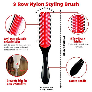 WOZUTUNT Curly Hair Brush Set for Women/Men/Kids, Detangler Brush, Wide Tooth Comb, 9 Row Nylon Bristle, Rosemary Hair Growth Oil - 4 Count (DB-black-4pcs)