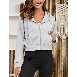 Yimoon Cropped Zip Up Hoodie for Women Waffle Knit Vintage cropped Sweatshirt Casual Long Sleeve Hooded crop jacket(Grey-L)