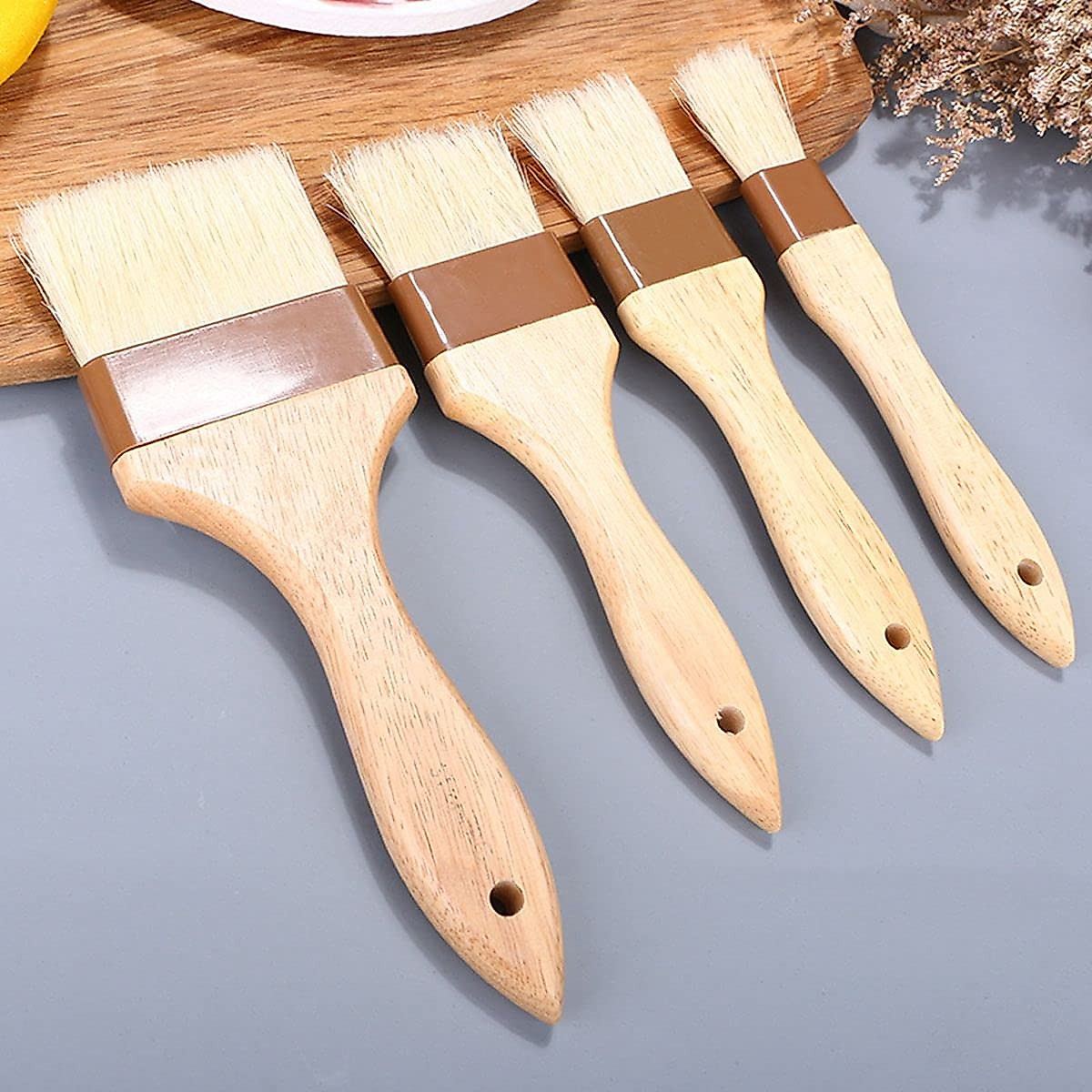 Cooking Boar Bristles Barbecue Wooden Handle Kitchen Pastry Brush Marinade Tool Basting Brush Sauce Baster(Round)