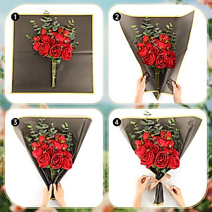 Sawnfay 20 Sheets Flower Wrapping Paper, Waterproof Bouquet Wrapping Paper, Floral Wrapping Paper with Ribbon, Ideal for Wedding, Birthday, DIY Projects - 22.8x22.8inch (Black)