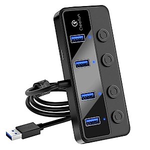 Qeefun 4-Port USB Hub 3.0, Individual LED Power Switches USB Extension 2ft USB Extender 5V/3A USB Adapter for Laptop, PC, USB Flash Drives, and More……