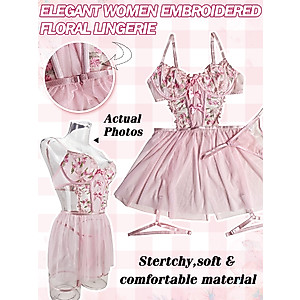 popiv Women Sexy Lace Lingerie Set Mesh Floral Bow Tie Lingerie Pink