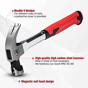 Monoceros 16 OZ Claw Hammer with 69 pcs Picture Hanging Kit, Heavy Duty All Purpose Hammer,Non-slip Handle, Magnetic Head, Suitable for professional and domestic work