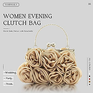 JAMBHALA Women Evening Clutch Bag Floral Satin Small Purses with Detachable Strap for Wedding, Party, Prom (Champagne)
