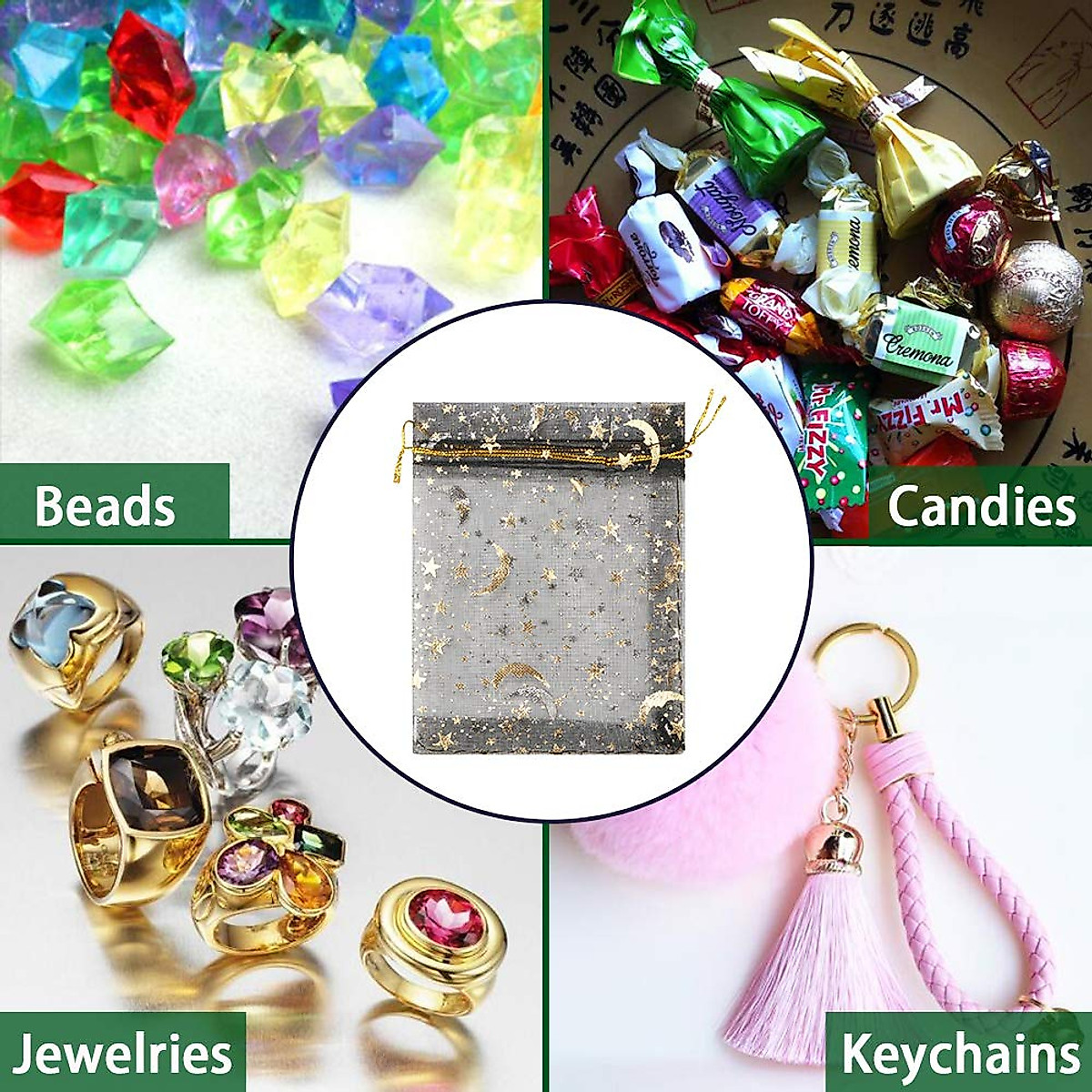 SumDirect Small Sheer Organza Bags - 120Pcs 4×5 Inch Mixed Color Moon Stars Wedding Party Favor Bags with Drawstring, Jewelry Gift Mesh Bags for Valentines Day