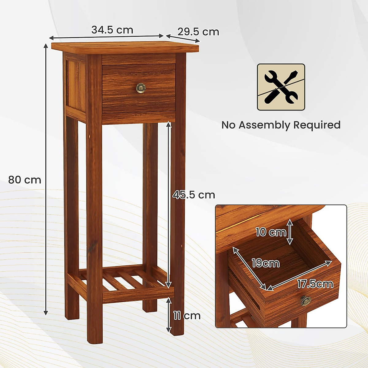 Giantex Narrow End Table with Drawer, Tall Acacia Wood Side Table with Bottom Shelf, Modern Bedside Tables, 2-Tier Nightstand for Small Spaces Bedroom Living Room, No Assemble Required, Brown