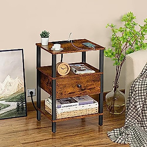 Lerliuo Nightstand with Charging Station and USB Ports, 3-Tier Storage End Table with Drawer Shelf, Night Stand for Small Spaces, Wood Bedside Table for Living Room, Bedroom - Retro Brown