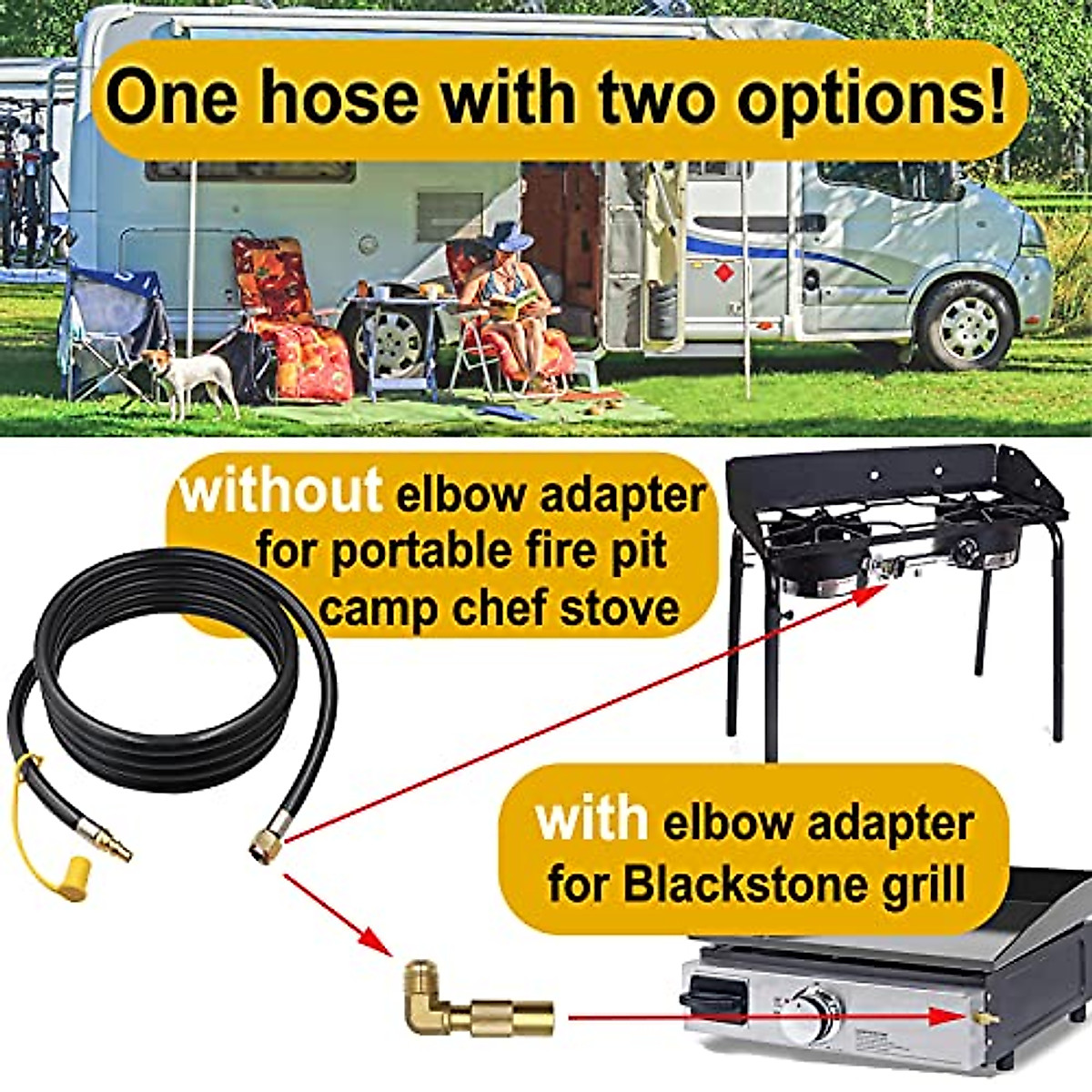 Monkemon Propane Elbow Adapter with Extension Hose, 12FT Propane Quick Connect Hose RV to Grill for Blackstone 17" and 22" Griddle, Lp Quick Connect Hose Rv Grill For Camp Chef Stove Portable Fire Pit