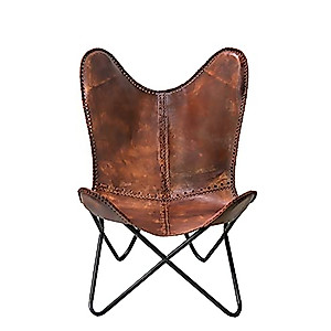 Classy Handmade Dark Brown Leather Butterfly Chair Living Room- Side Hand Stich Leather Chair-Handmade with Powder Coated Folding Black Iron Frame (Cover with Folding Frame)