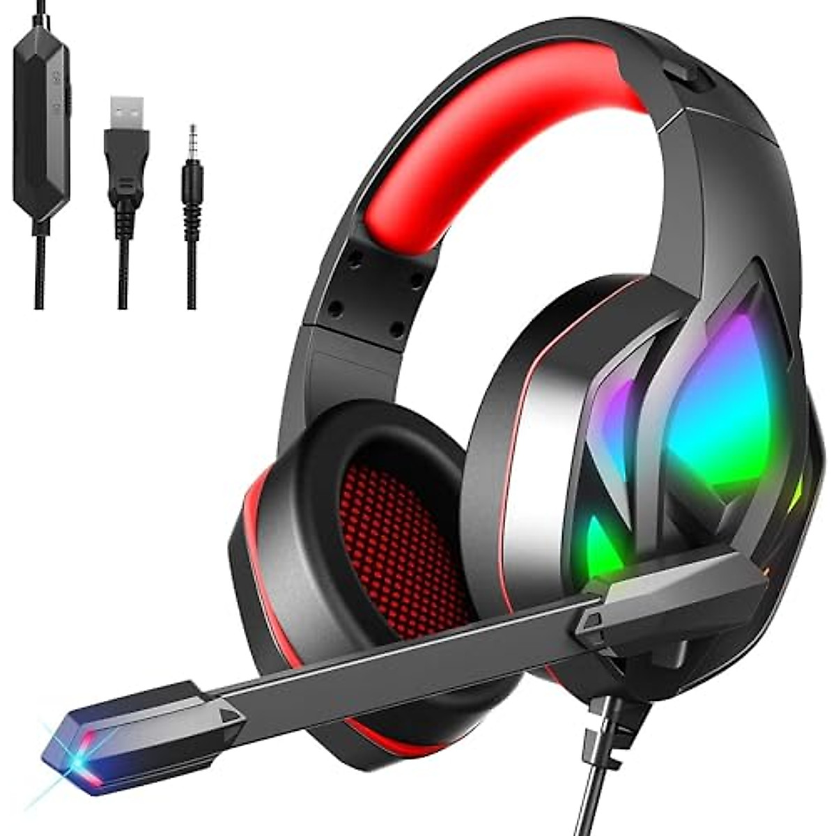 Donerton Gaming Headset, Over-Ear Gaming Headphones with Noise Canceling Mic, Stereo Bass Surround Sound, LED Light, Soft Memory Earmuffs PS4 Gaming Headset Compatible with PC, Laptop,Tablet,2023