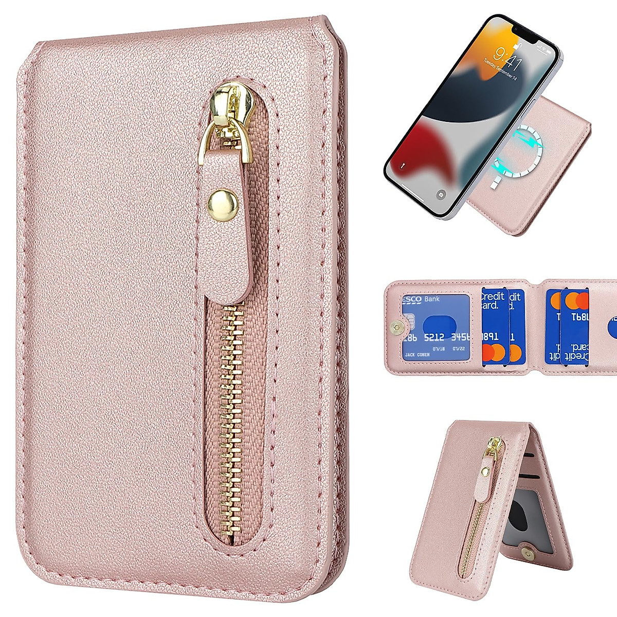 Cavor Compatible with Apple Magsafe Wallet with Adjustable Stand,Magnetic Wallet for iPhone 16 Pro Max/15/14 Plus/13/12 Magsafe Card Holder Magsafe Phone Wallet Zipper Pocket-Pink