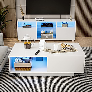 IKIFLY Modern LED Coffee Table with A Drawer, White High Glossy Coffee Table with 16 Colors LED Lights for Living Room