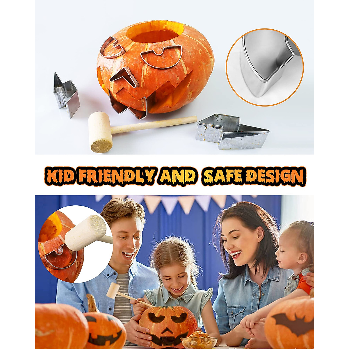 JUSTOTRY Pumpkin Carving Kit with Hammer Safe for kids, Halloween Pumpkin Carving Tools, Durable Stainless Steel Non-knife Pumpkin Carving Stencils, Pumpkin Carving Set for Adults, 16 PCS