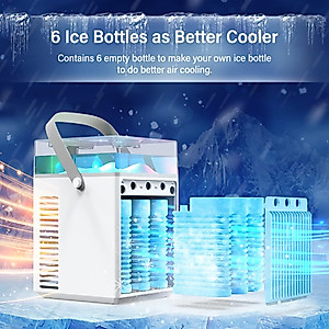 Thehomeuse Portable Air Conditioner Fan, 3in1 Personal Mini Cooler, Small Evaporative Cooler with LED Lights, Quiet Desktop Cooling Fan for Office, White
